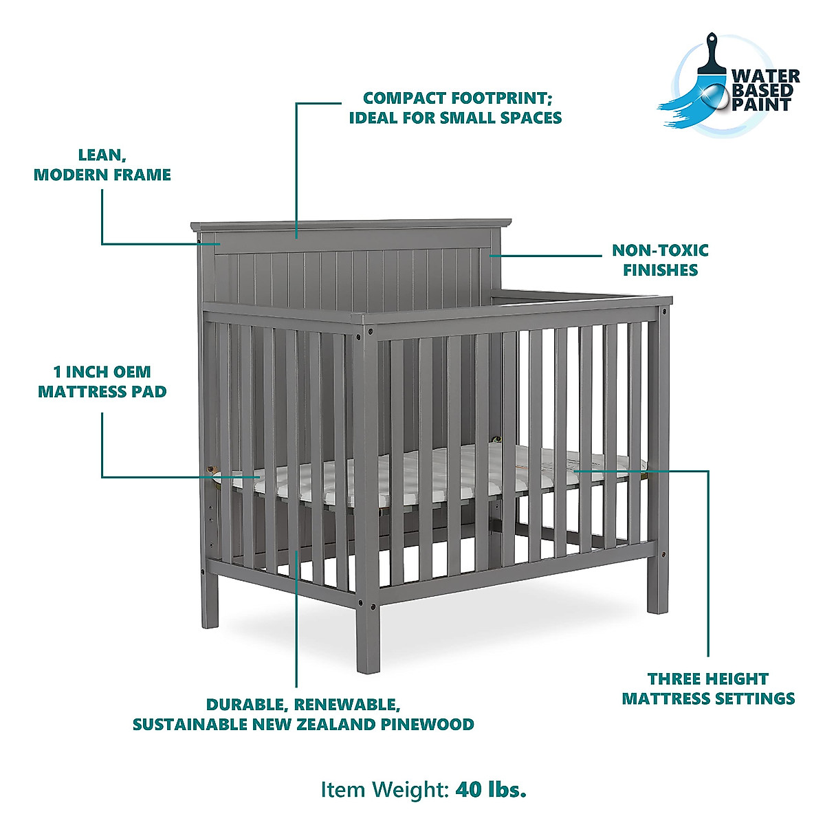 Dream On Me Ava 4-in-1 Convertible Mini Crib in Steel Grey, Greenguard Gold Certified, Non-Toxic Finish, Comes with 1" Mattress Pad, with 3 Mattress Height Settings