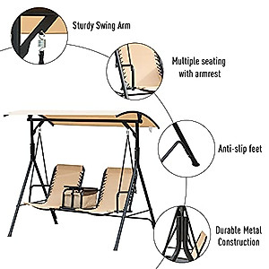 GXP Steel Outdoor Porch Swing Chair Patio Bench w/Storage Canopy, 2 Person Beige