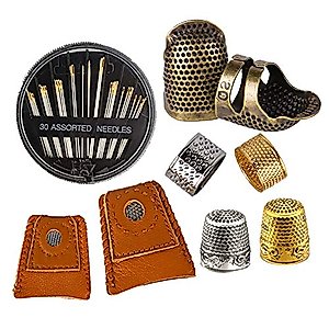 8 Pcs Sewing Thimble + 30 Pcs Sewing Needles, Finger Protector Fingertip Thimble Adjustable Metal Bronze Sewing Thimble Rings and Leather Coin Thimble for Needlework, Hand Embroidery Craft
