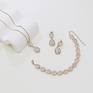 UDYLGOON Cubic Zirconia Crystal Bridal Jewelry Set for Bride Bridesmaid Wedding Prom Teardrop Necklace Earrings Bracelet Jewellery Set (Gold)