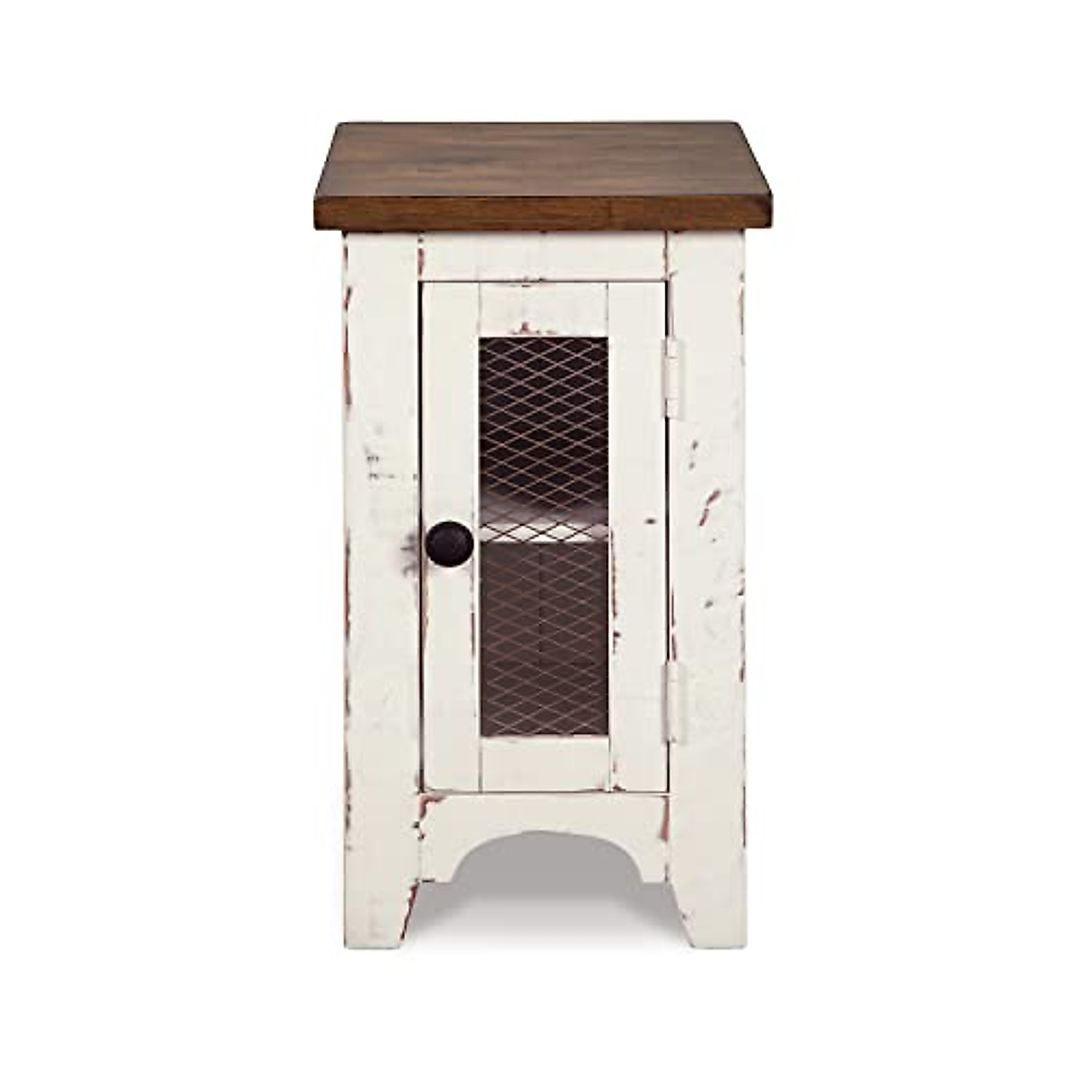 Signature Design by Ashley Wystfield Farmhouse Chair Side End Table with Cabinet Door for Storage, White & Brown with Distressed Finish
