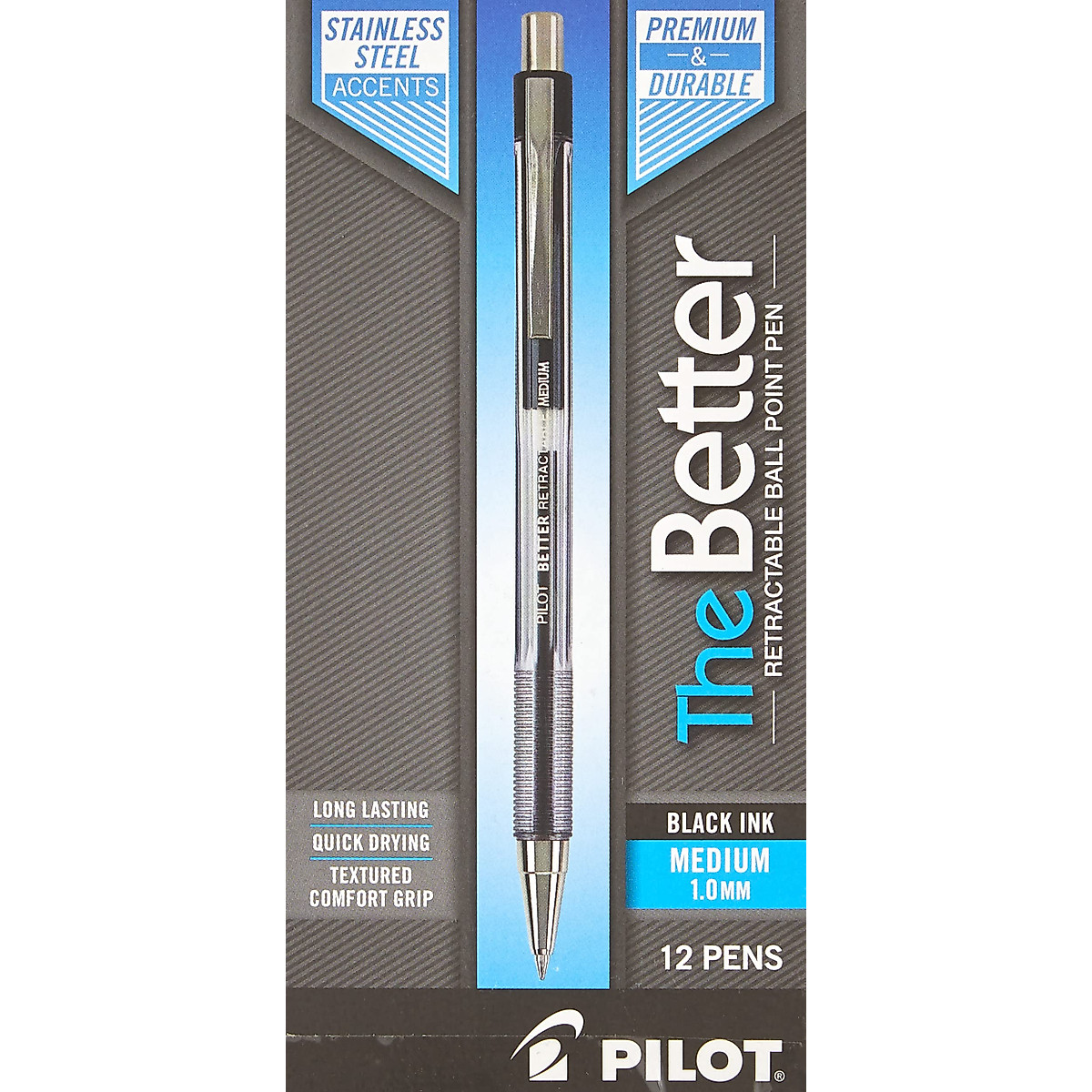 PILOT The Better Ball Point Pen Refillable & Retractable Ballpoint Pens, Medium Point, Black Ink, 12-Pack (30005)