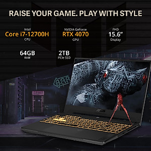 Asus TUF F15 15.6inches FHD Gaming Laptop, Intel Core i7-12700H, NVIDIA GeForce RTX 4070, 64GB RAM, 2TB SSD, RGB Keyboard, Numpad, Smart AMP Audio, Wi-Fi 6, Gray, Win 11 Pro, 32GB USB Card