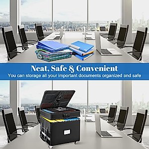 Fireproof Document Box with Lock, 2 Layer File Organizer Box with Wheels, Collapsible Safe File Box Document Organizer for Home Office,Rolling File Cabinet for Hanging Letter/Legal Folder