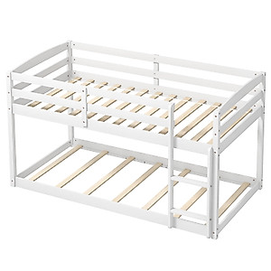 Giantex Twin Low Bunk Bed, Solid Wood Twin Over Twin Bunk Bed Frame with Full Guardrails & Integrated Ladder, Floor Twin Bunk Beds for Kids Boys and Girls, No Box Spring Needed, White