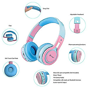 Contixo KB-2600 Cotton Candy Color Kids Headphones - Wireless Headphones for Kids - Premium Sound Limit - Long Lasting Battery - Built-in Mic - Children Bluetooth Headphones for Boys Girls (Blue Pink)