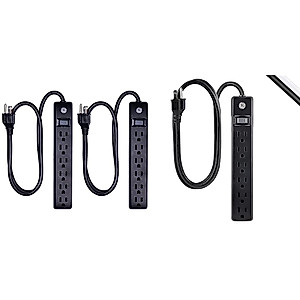 GE 6 Grounded Outlet Surge Protector, 450 Joules, 2 Pack Power Strip, 3 Ft Long Extension Cord & 6 Outlet Power Strip, 6 Ft Cord, Wall Mount, Integrated Circuit Breaker, 120VAC, 15A, 1800W, Black