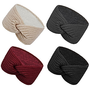 Warm Winter Headbands for Women Cable Crochet Turban Ear Warmer Headband Gifts with Plush, Kont Multicolour 1(4 Pack)