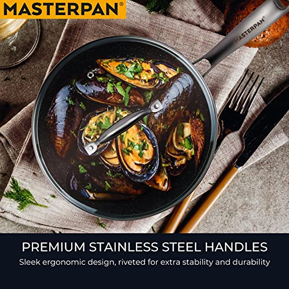 MasterPan Granite Ultra Non-Stick Cast Aluminum Sauce Pan with Glass Lid, 7", Black
