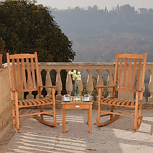 Tangkula 3 Piece Patio Rocking Bistro Set, Patiojoy Eucalyptus Wood Conversation Set with 2 Rockers and 1 Coffee Table, Outdoor Rocking Chair Set with Coffee Table for Porch, Patio and Backyard