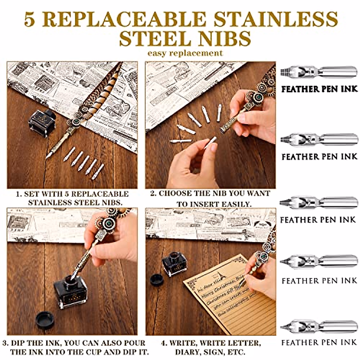 NC Feather Pen Ink Set, Includes Quill Pen,Notebook,5 Replaceable Nibs,Stamp,Spoon,Wax Beads,White Wax, Ink,Pen Holder, Cup,Envelope,Letter Paper, Etc.Gift Selection Calligraphy Pen Set.