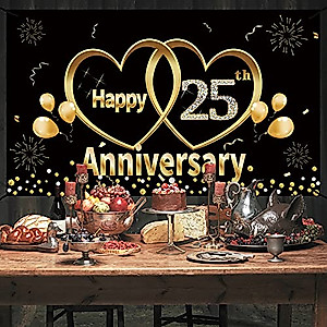 Happy 25th Anniversary Banner Backdrop Decorations - Large 25 Year Wedding Anniversary Party Supplies Décor - Black Gold 25 Anniversary Poster Sign for Outdoor Indoor