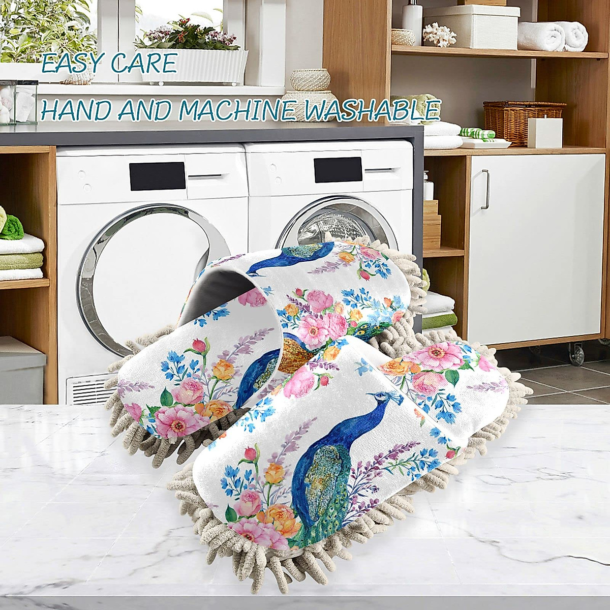 Birds Peacocks Flowers Mop Slippers Shoes Cover for Floor Cleaning Washable Dirty Hair Dust Cleaners Microfiber Mop Socks for House Kitchen Office