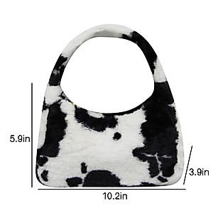 Fluffy Faux Fur Underarm Bag Fuzzy Shoulder Bag for Women Clutch Mini Plush Purse Cow Print Trendy Tote Handbag