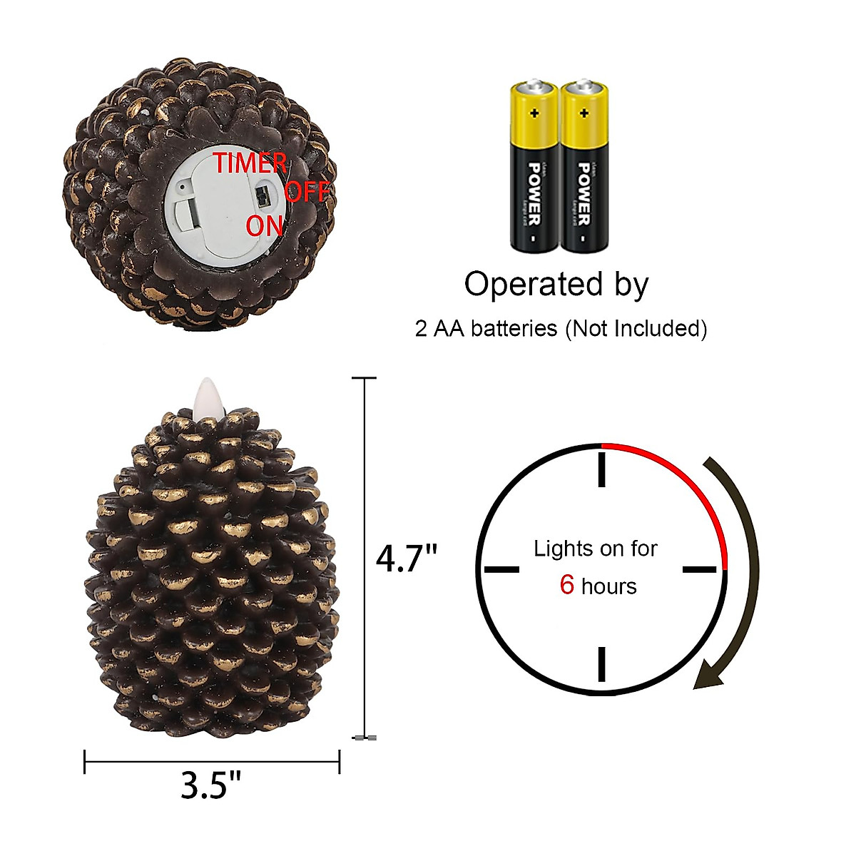 Wondise Flameless Candles with Timer, Battery Operated Flickering Wick Real Wax Pine Cone Candles for Holiday Indoor Decoration, Set of 2, Brown(D3.5 x H4.7 Inch)
