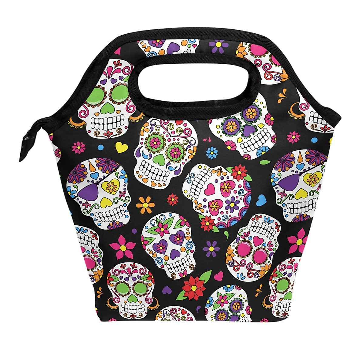 Wamika Lunch Bag Sugar Skull Flowers Rose Daisy Insulated Cooler Thermal Lunch Bag Box for Kids School Children Students Girls Boys Mexican Day Of The Dead Skull Love Heart Lunch Box Handbag Woman Man