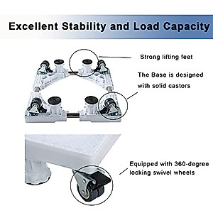 MAOPINER Multi-functional Washing Machine Stand Adjustable Base Mobile Roller with 4×2 Locking Rubber Swivel Wheels and 4 Strong Feet for Washing Machine, Dryer and Refrigerator 8 Wheels (White)