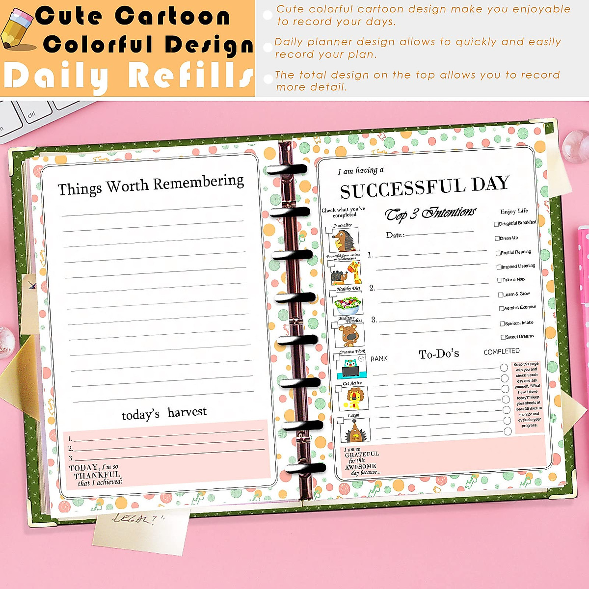 Rancco Discbound Junior Daily Planner Refills, 180 Pages 8 Disc Punched Half Letter Paper Inserts w/Index Tabs, Binder Dividers, Loose-Leaf Bag, Ruler For Circa, Arc, TUL, Happy Planner, 5.5x8.5"