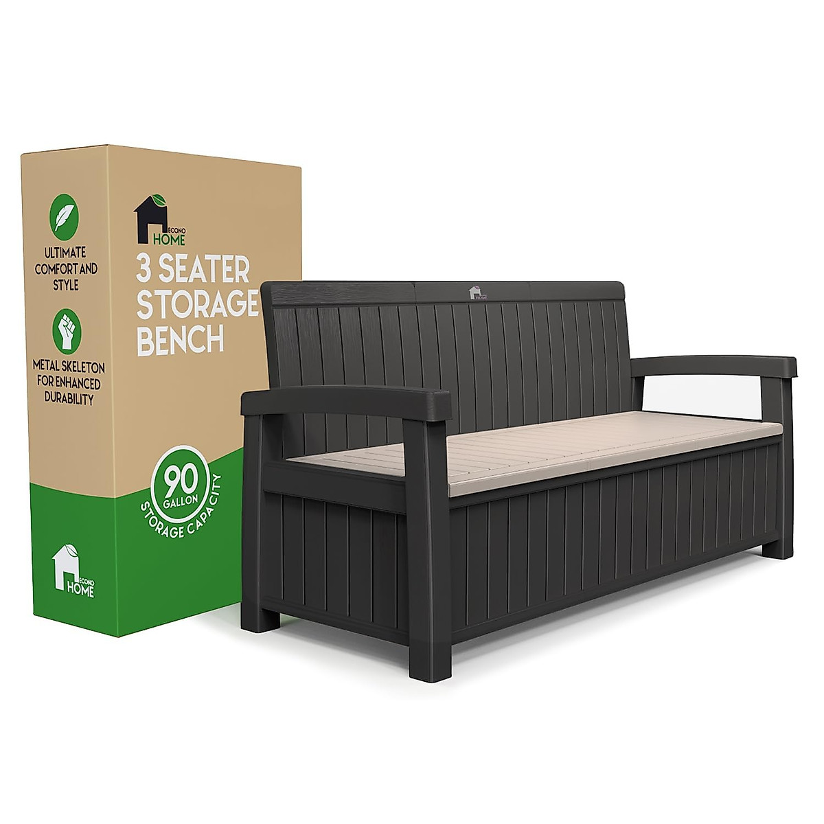 EconoHome 3 Seat Outdoor Storage Bench - 90 Gallon Capacity - Weatherproof Resin Bench for Patio, Porch, Garden, Yard, Pool Area - Furniture for Pool Accessories, Gardening Tools, Toys