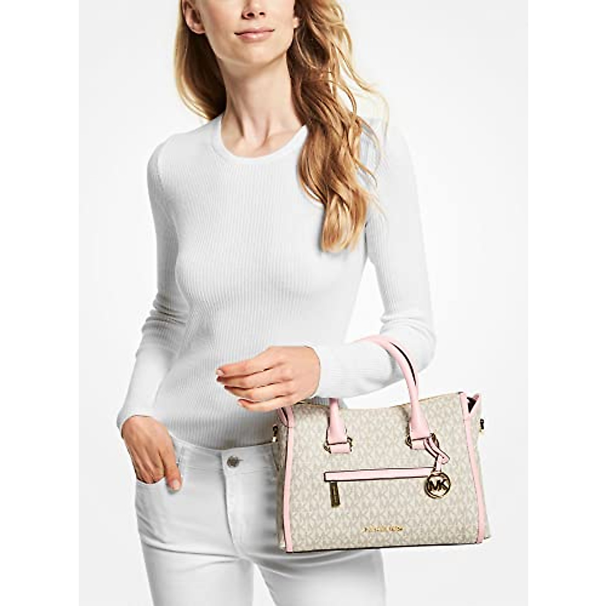 Michael Kors Carine Leather Medium Satchel, Vanilla/Soft Pink