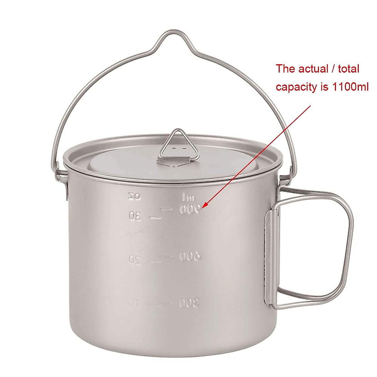 LIXADA 1100ml/2800ml Titanium Pot Ultralight Portable Hanging Pot with Lid and Foldable Handle Outdoor Camping Hiking Backpacking (1100ml)