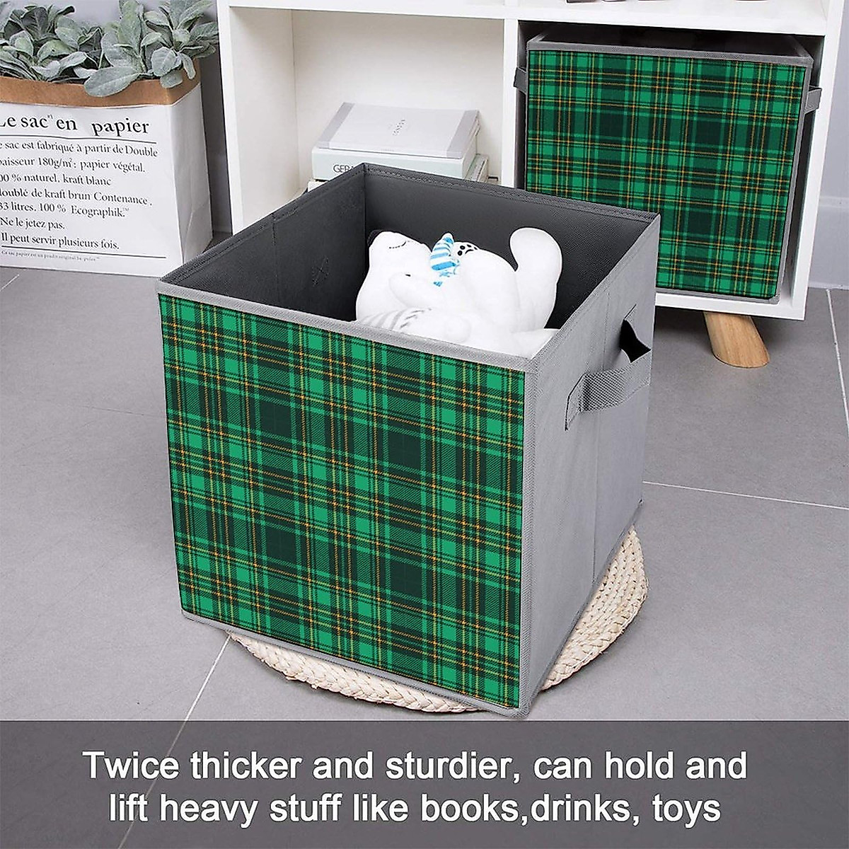 CWECVWE Fabric Storage Cubes Green Scottish Tartan Plaid, Pack of 2 Foldable Storage Bins with Handles for Organizing Pantry, Closet, Shelf, Toy Box, Cubby