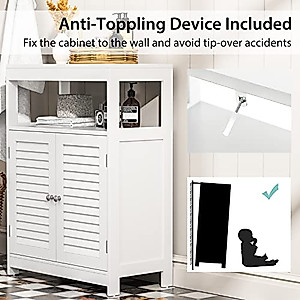 Tangkula Bathroom Storage Floor Cabinet, Free Standing Storage Cabinet with Double Shutter Doors and 3-Position Adjustable Shelves, Wooden Storage Cabinet Organizer for Bathroom, Living Room (White)
