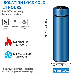 Smart Water Bottle Stainless Steel Vacuum Flask,Travel Mug with Smart LCD Touch Screen, Keep Hot Or Cold, Car Portable Travel Tea Coffee Vacuum Thermoses Cup,Insulated Water Bottle (Blue)