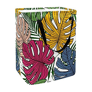 Colored Palm Leaves Print Collapsible Laundry Hamper, 60L Waterproof Laundry Baskets Washing Bin Clothes Toys Storage for Dorm Bathroom Bedroom