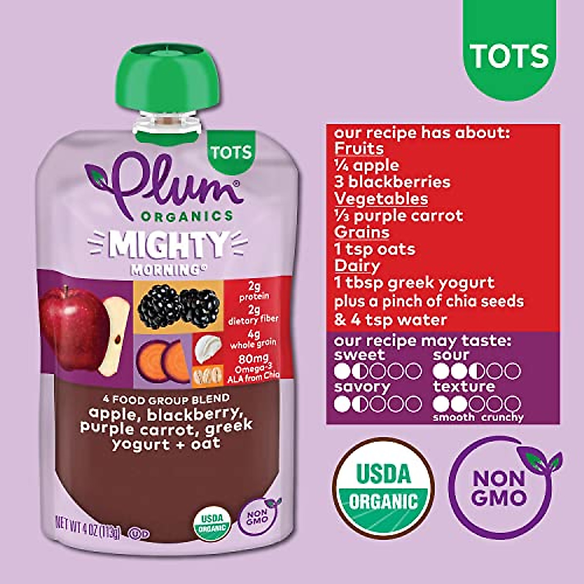 Plum Organics Baby Food Pouch | Mighty 4 Blends | Apple, Blackberry, Purple Carrot, Greek Yogurt & Oat | 4 Ounce | 12 Pack | Organic Food Squeeze for Babies, Kids, Toddlers