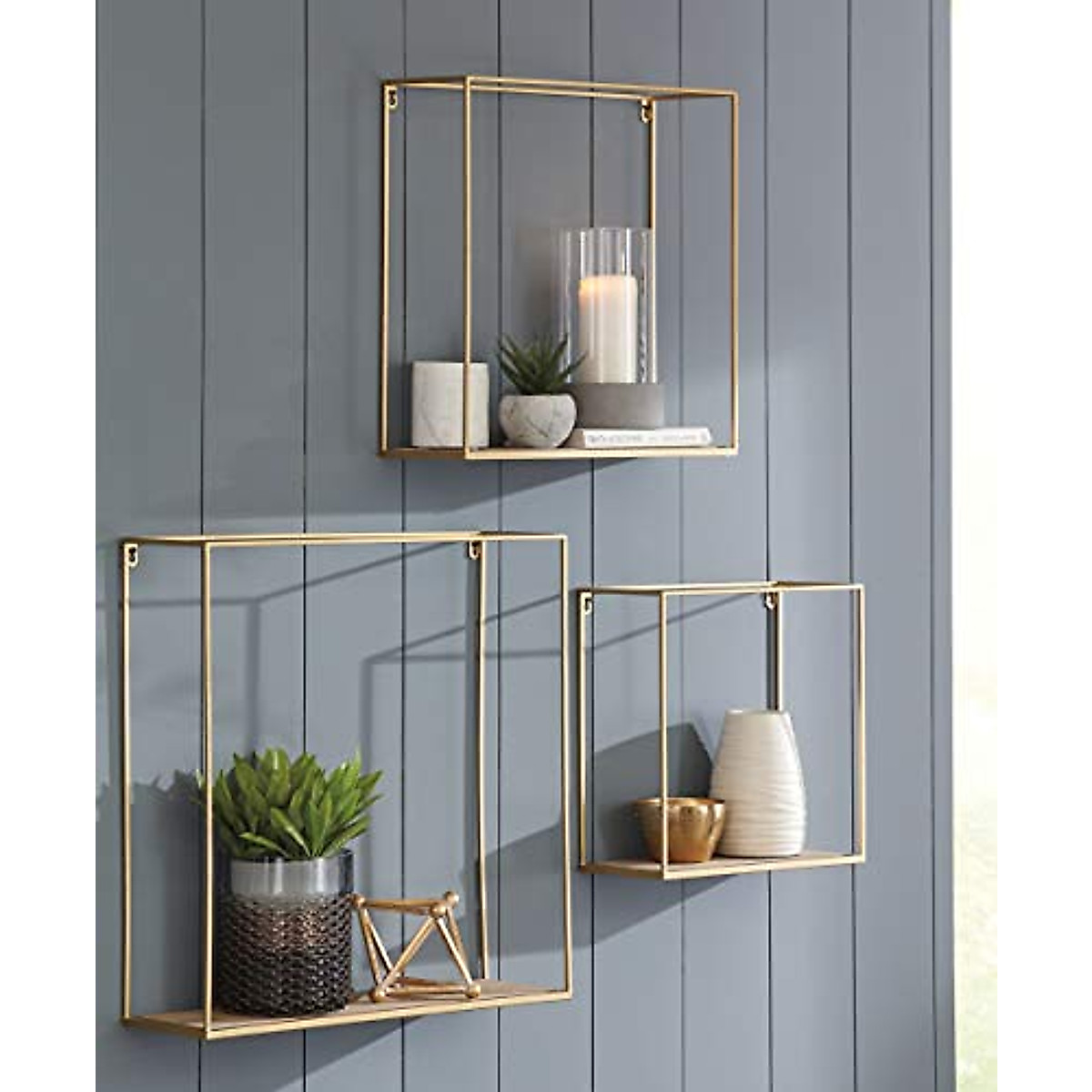 Signature Design by Ashley Efharis Shadow Box Set, 3 Piece Wall Shelf, Natural & Gold Finish