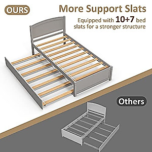 TOLEAD Daybed with Trundle, Twin Size Pull Out Bed, Solid Wood Extendable Day Bed with Pop Up Trundle, Include Slat Support (Grey, Trundle)
