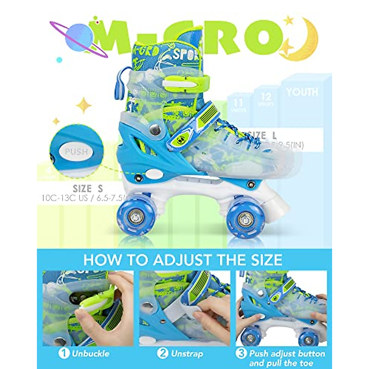 M-GRO Adjustable Skates for Kids, 8-Wheeled Skates for Kids,rollerskates Girl and Boys，Adjustable Size Suitable for Indoor and Outdoor use