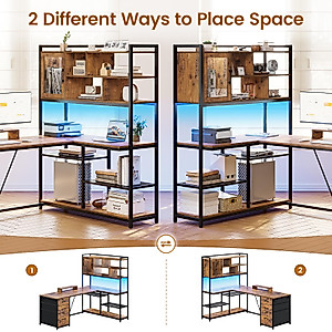 SEDETA L Shaped Computer Desk, 58'' Office Desk with 3 Drawers and Bookshelf, L Shaped Corner Desk with Storage Shelves and LED Light for Home Office, Gaming Desk, L Desk, Rustic Brown