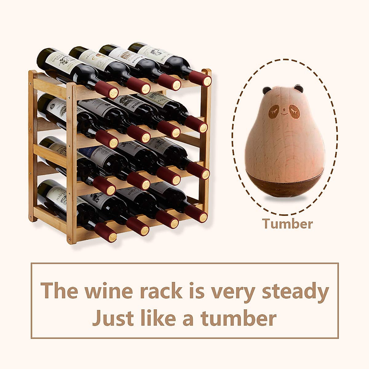 Homevany Bamboo Wine Rack, Sturdy and Durable Wine Storage Cabinet Shelf, Wine Racks Countertop for Pantry - 4 Tiers 16 Bottle Wine Rack
