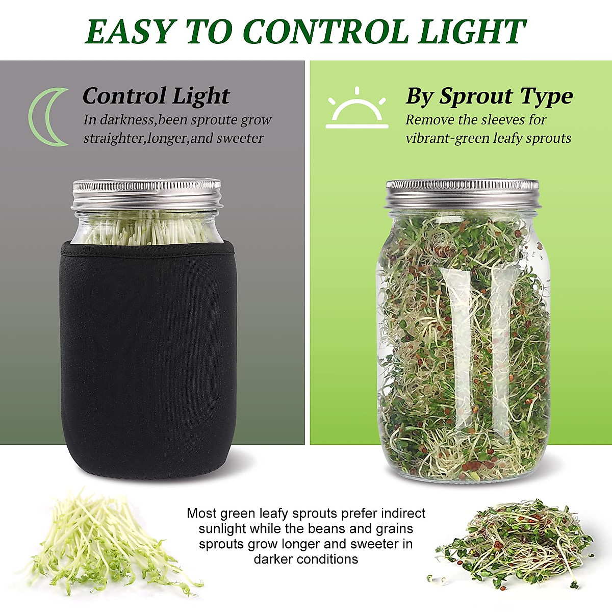 Sprouting Jar Kit 2Pcs Large Wide Mouth Mason Jars With Screen Sprout Lid,Sprouting Jar Stand,Tray,Blackout Sleeves,Brush-Seed Sprouting Kit For Growing Mung beans,Broccoli And So On
