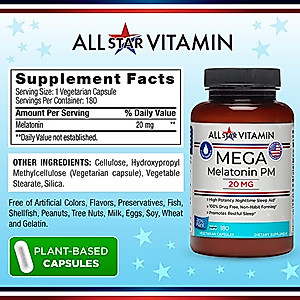 All-Star Vitamin Mega-Melatonin PM 20mg, High Potency, 180 Vegetarian Capsules, Clean-Formulated, Non-GMO, Gluten Free, Vegan, Drug-Free
