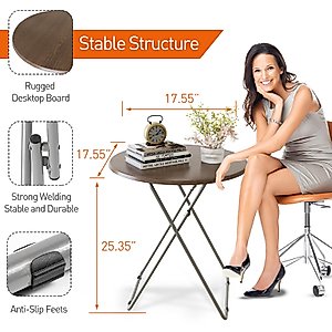 Fleecy day Portable Folding TV Tray Table on Bed & Sofa,TV Dinner Tray with Sturdy MDF,Portable Table with No Assembly Required,Round,17.5 x 17.5 x 26 in(Walnut)