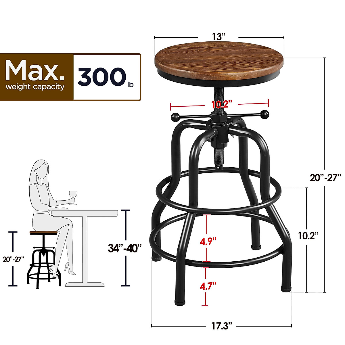Yaheetech Industrial Bar Stool Vintage Counter Rustic Counter Height Metal Bar Stool Adjustable with Round Wood Seat Kitchen/Dining/Cafe Chair 20-27 Inch Tall, Brown, 1PCS