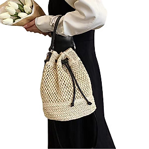 WIGUYUN Women Straw Drawstring Bucket Purse Small Tote Shoulder Handbag Hollow Out Cross-body Bag for Summer,Beach Beige