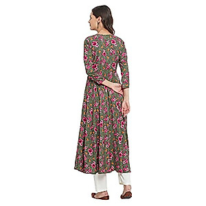 Tissu Women's Rayon Green & Rani Floral Pritned A-Line Kurta 2153_Green_3XL