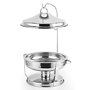 6 Qt Round Chafing Dish With Hanger Stainless Steel Chafer Set And Apron, Buffet Food Warmer Durable, Shiny Silver, Keeps Food Warm In All Catered Events