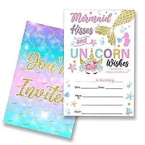 EUDOSI Unicorn Mermaid Birthday Party Invitations Supplies Fill-In Set of 20 with Envelopes Kisses and Unicorn Wishes Birthday Bash Invites Cards, Double Sided