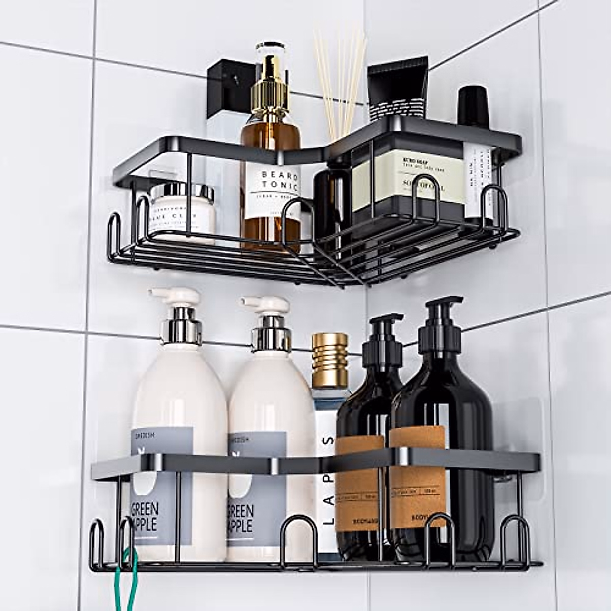 2 Pack Adhesive Corner Shower Caddy, Bathroom Shower Shelf with 20 Hooks, No Drilling Rustproof Stainless Steel Large Capacity Suction Cup Shower Shelves Organizer for Toilet & Kitchen Storage, Black
