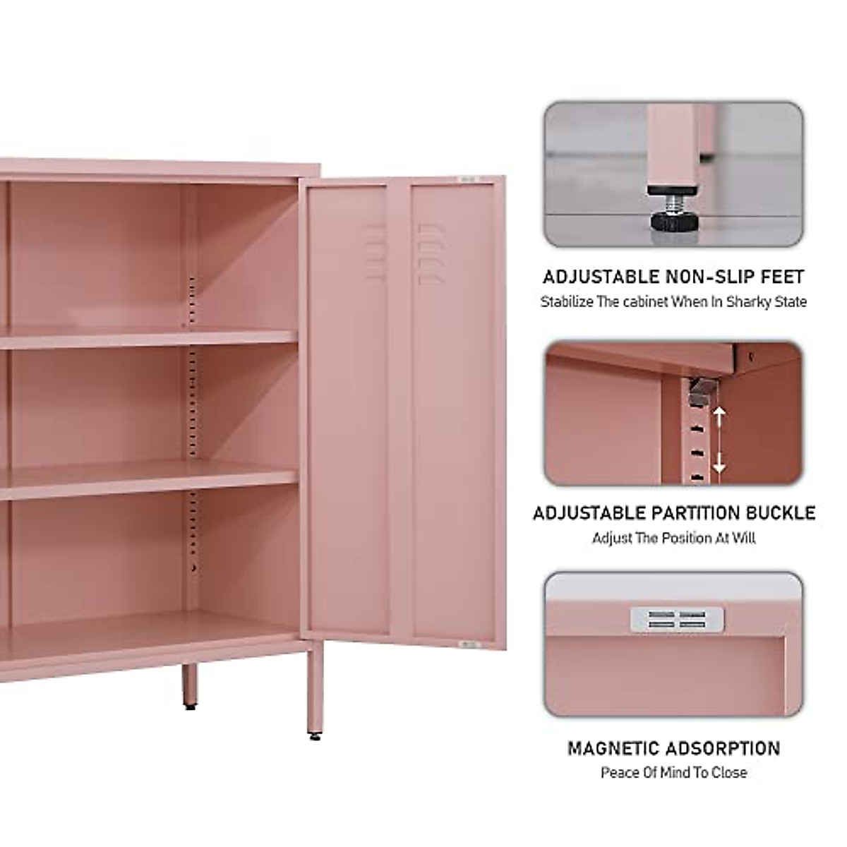 LINGZOE 2 Door Pink Metal Locker Storage Accent cabinets with Doors and Shelves, Steel Cupboard lockers for Kids Bedroom