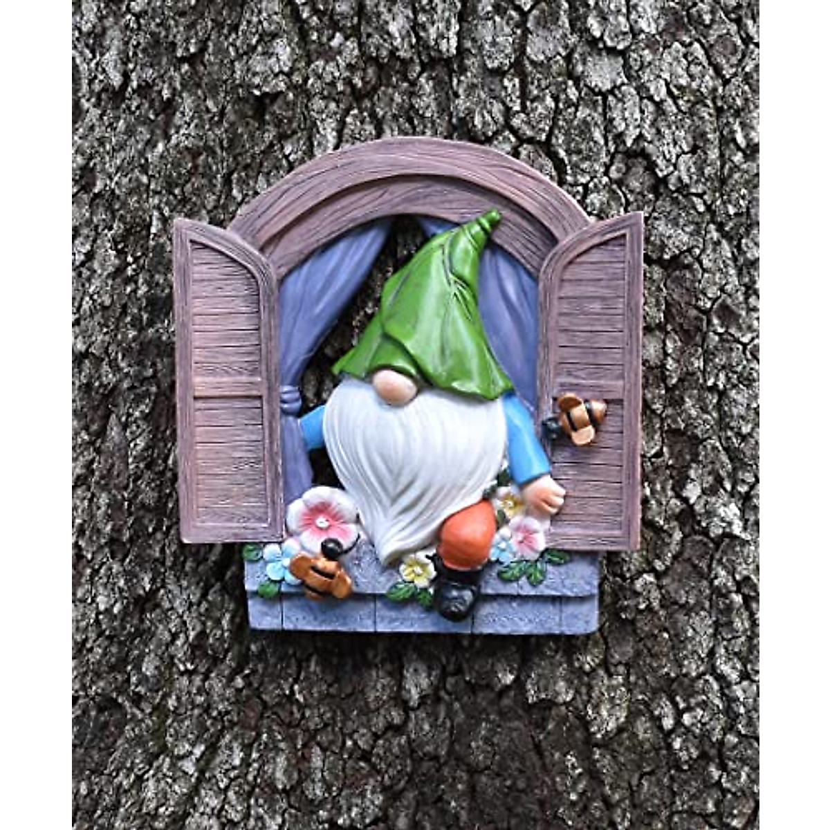 Hazel & Birch Outdoor Garden Gnome Out The Door Tree Hugger - Decoration - Large Statues for Yard, Lawn, Patio, Porch - Hand Painted, Window Gnome Figurine (Out The Door Bumblebee Gnome)