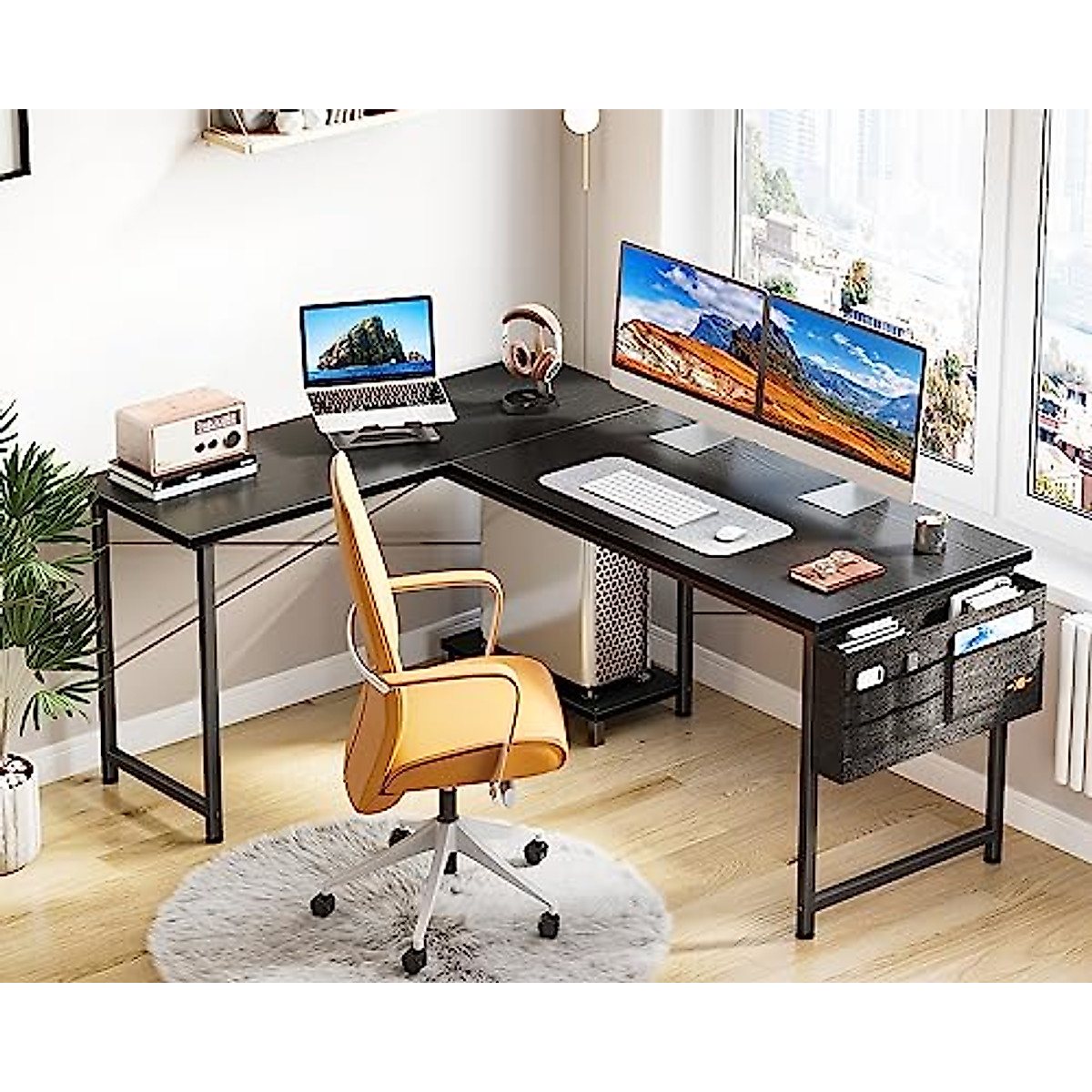 ODK L Shaped Desk with Storage Bag - 50 Inch Home Office Desk with Host Stand, Black Reversible Computer Corner Desk for Bedroom Studio, Modern PC Gaming Desk for Study Writing