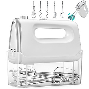 Hand Mixer Electric, 5-Speed Hand Mixer Electric Portable, with Snap-on Storage Case, 5 Stainless Steel Attachments,Dough Hooks Whisk Storage Case,Blender for Baking & Cooking,White
