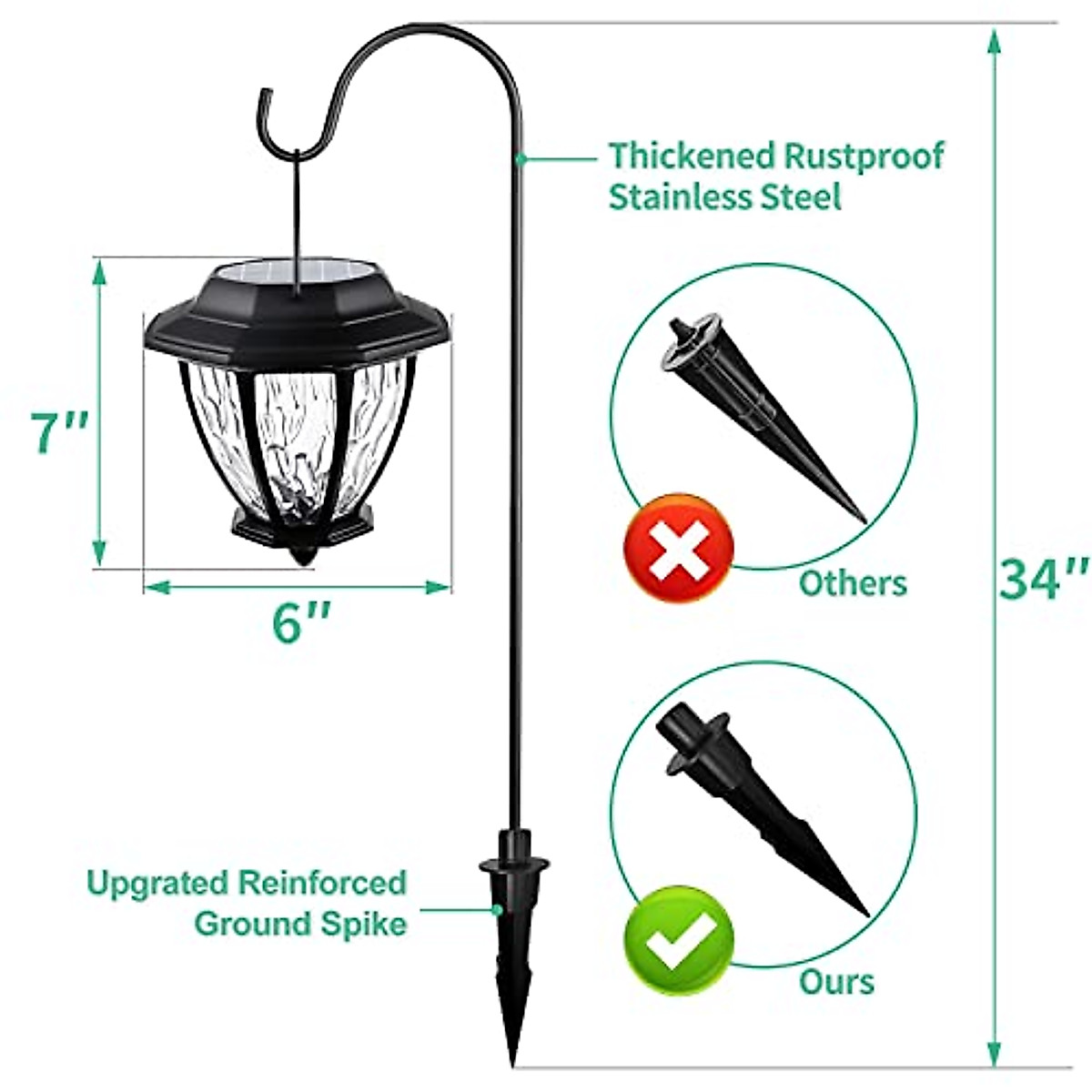 Viewsun Upgrade Hanging Solar Lights, 34 Inch Warm White Shepherd Hook Lights Waterproof Outdoor Decorative Solar Lantern Lights for Garden Decor, Pathway, Front Porch, 2 Pack