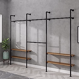 LANJIN Industrial Pipe Clothing Rack,Clothes Rack for Wardrobe, Bedroom and As Walk-in Closet System.Sturdy Clothing Racks for Hanging Clothes,Wall Mounted Heavy Duty Clothes Rack,Black F